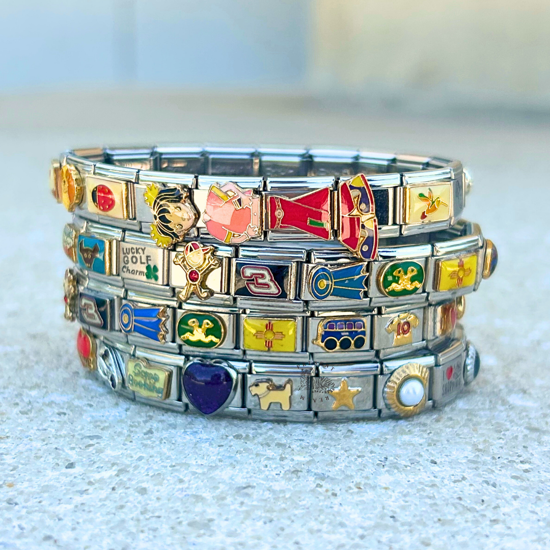 Themed and Sized Italian Charm Bracelet Ready to Wear Bracelet Traveler Theme Two Tone Color Regular 6.4 in